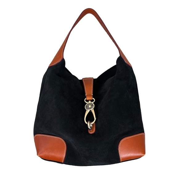 Dooney & Bourke | Bags | Dooney Bourke Black Suede And Brown Leather Trim Logo Lock Hobo ...